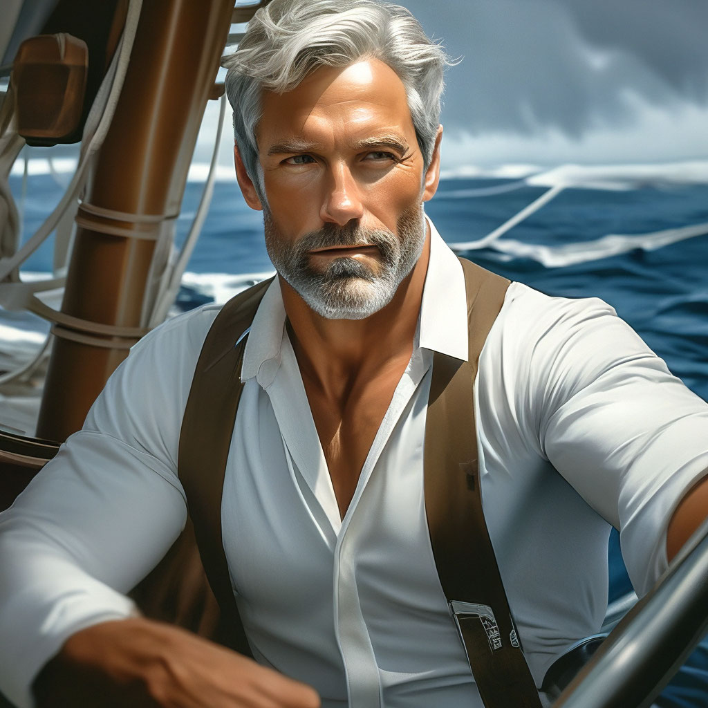 "A handsome gray-haired man at the helm, wide chin, gray stubble, dark ...