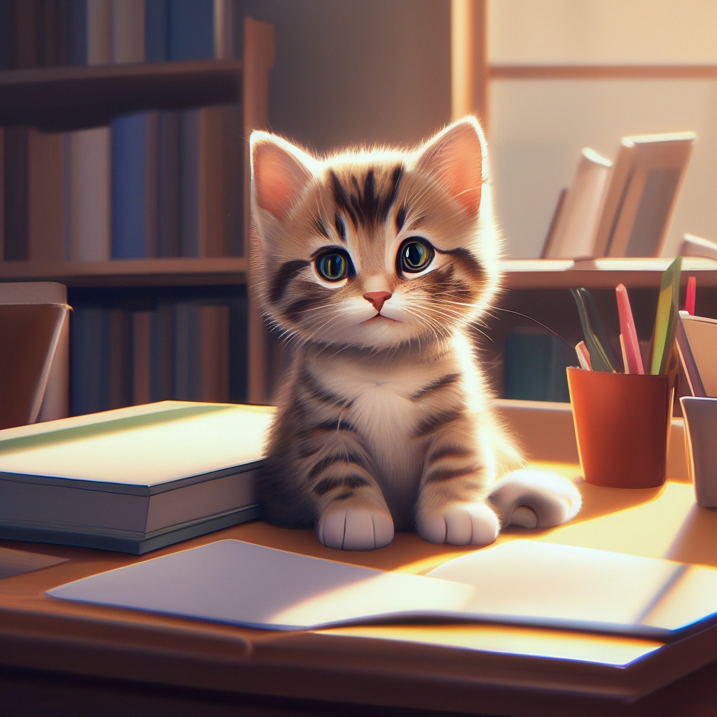 "A cute little cat is sitting at a desk, a textbook is lying on the ...