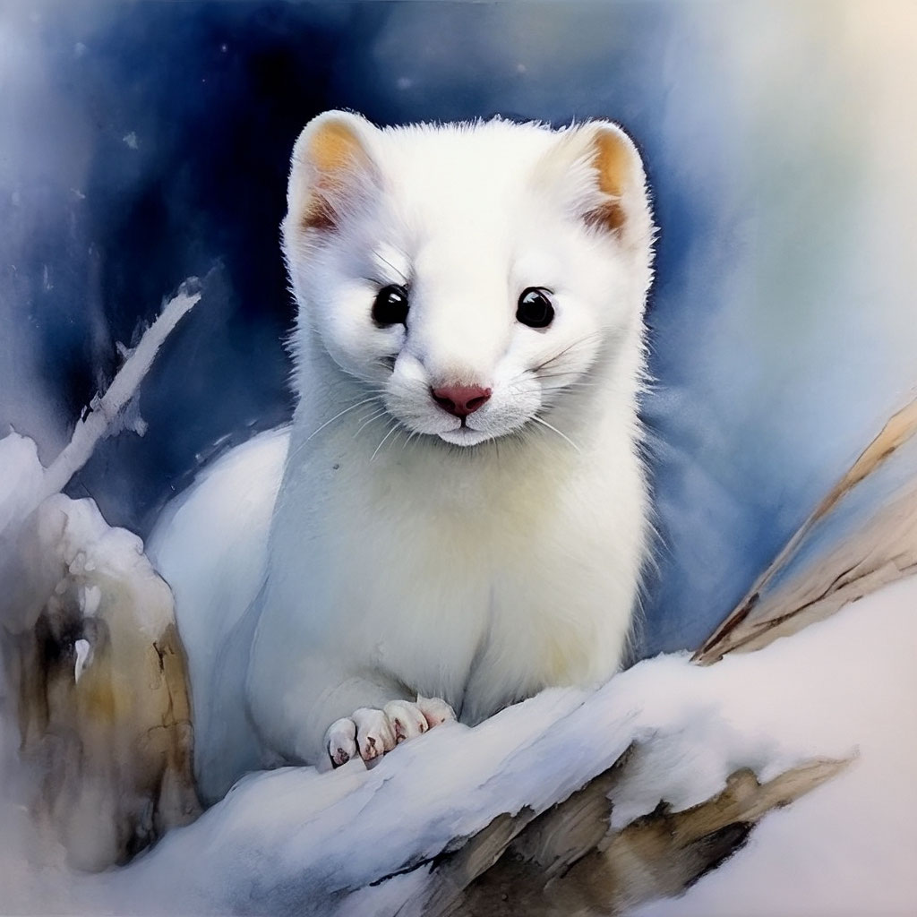 "Watercolor, fine drawing, beautiful white ermine, in the style of ...