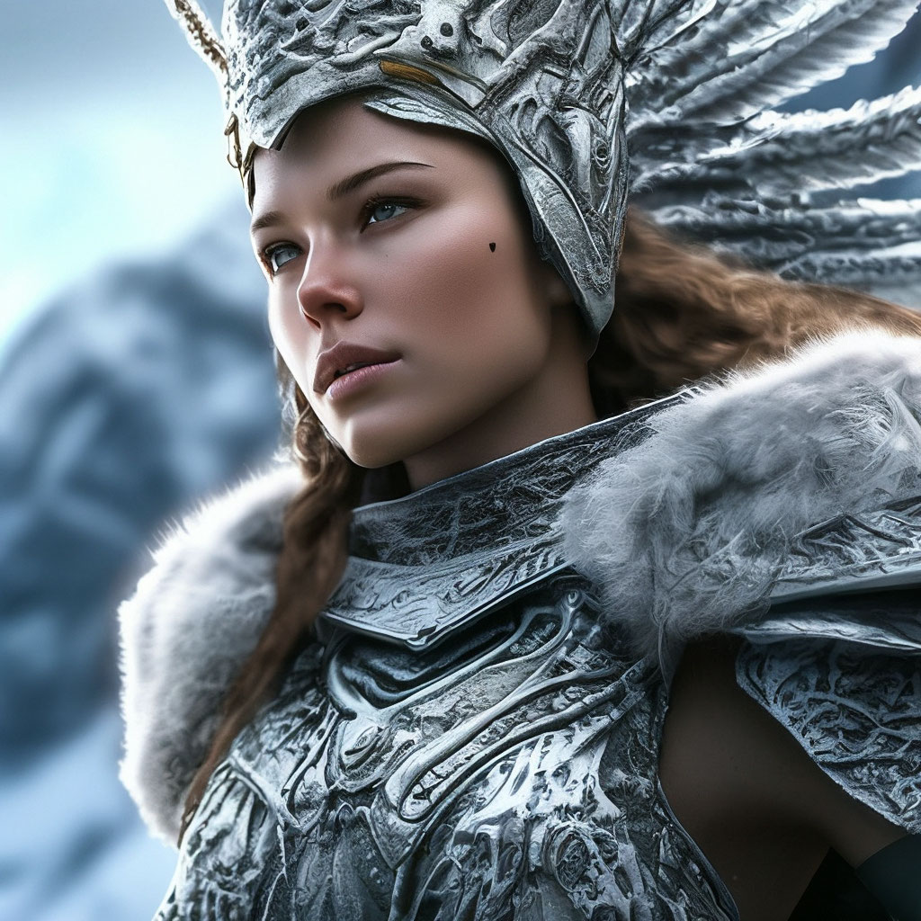 "The beautiful Valkyrie, po among the snow-capped mountains. 3d,CGI ...