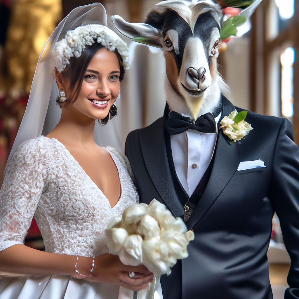 "A very cute goat in an expensive white wedding very shiny dress and a ...