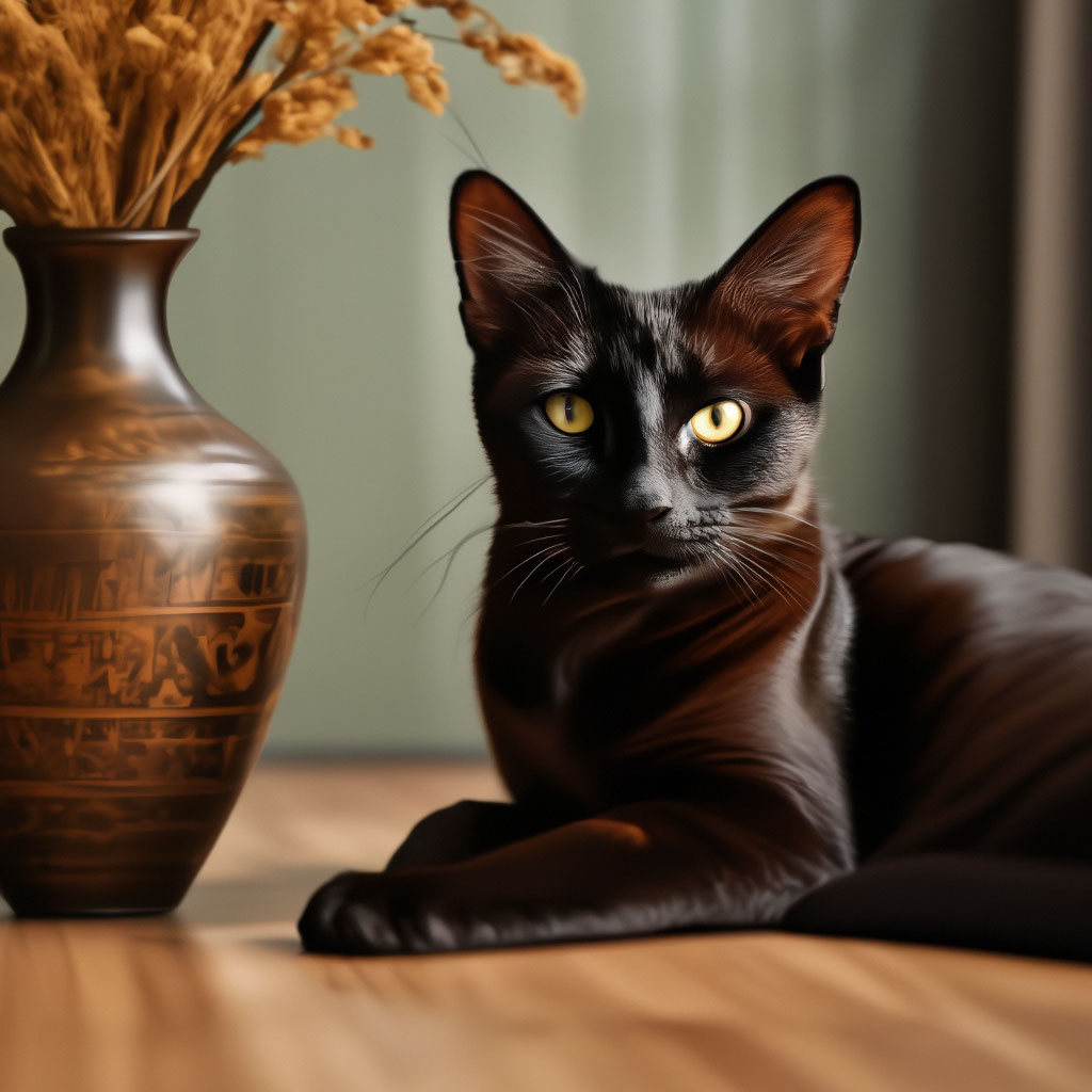 "A Havana cat lies on a light floor, next to a floor vase with a ...