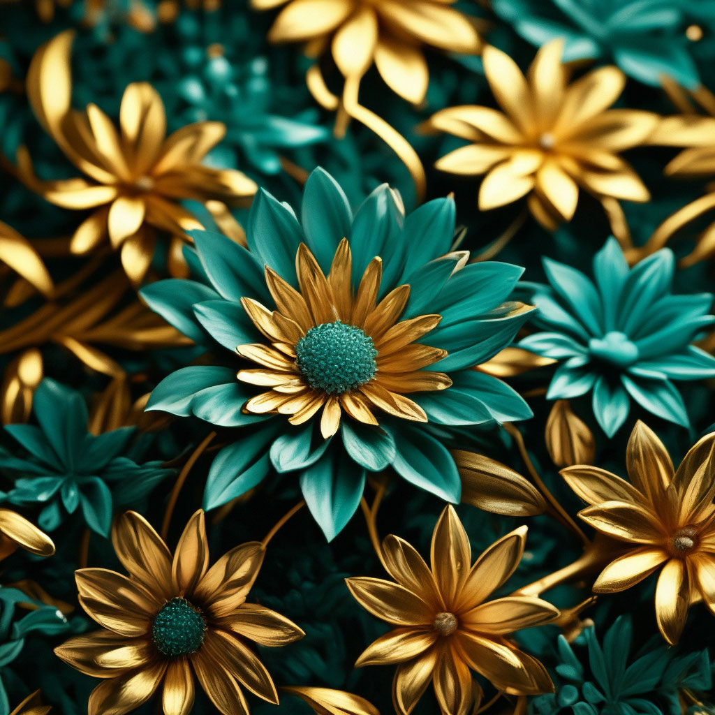 "Composition, gold and turquoise matte flowers, forest, night, movement ...