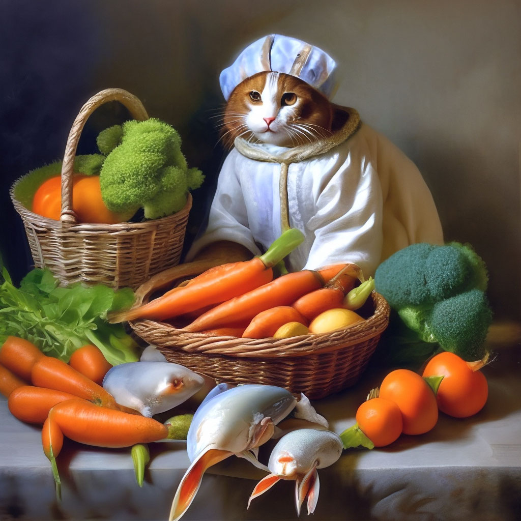 "Dutch still life with a basket full of fresh fish, a bunch of fresh ...