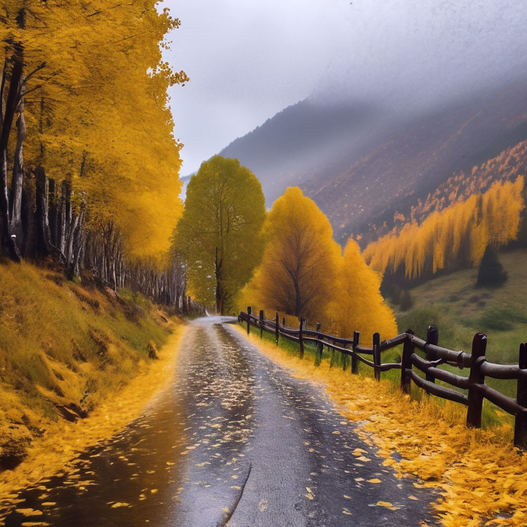 "Autumn landscape drizzling rain mountains trees yellow leaves path ...