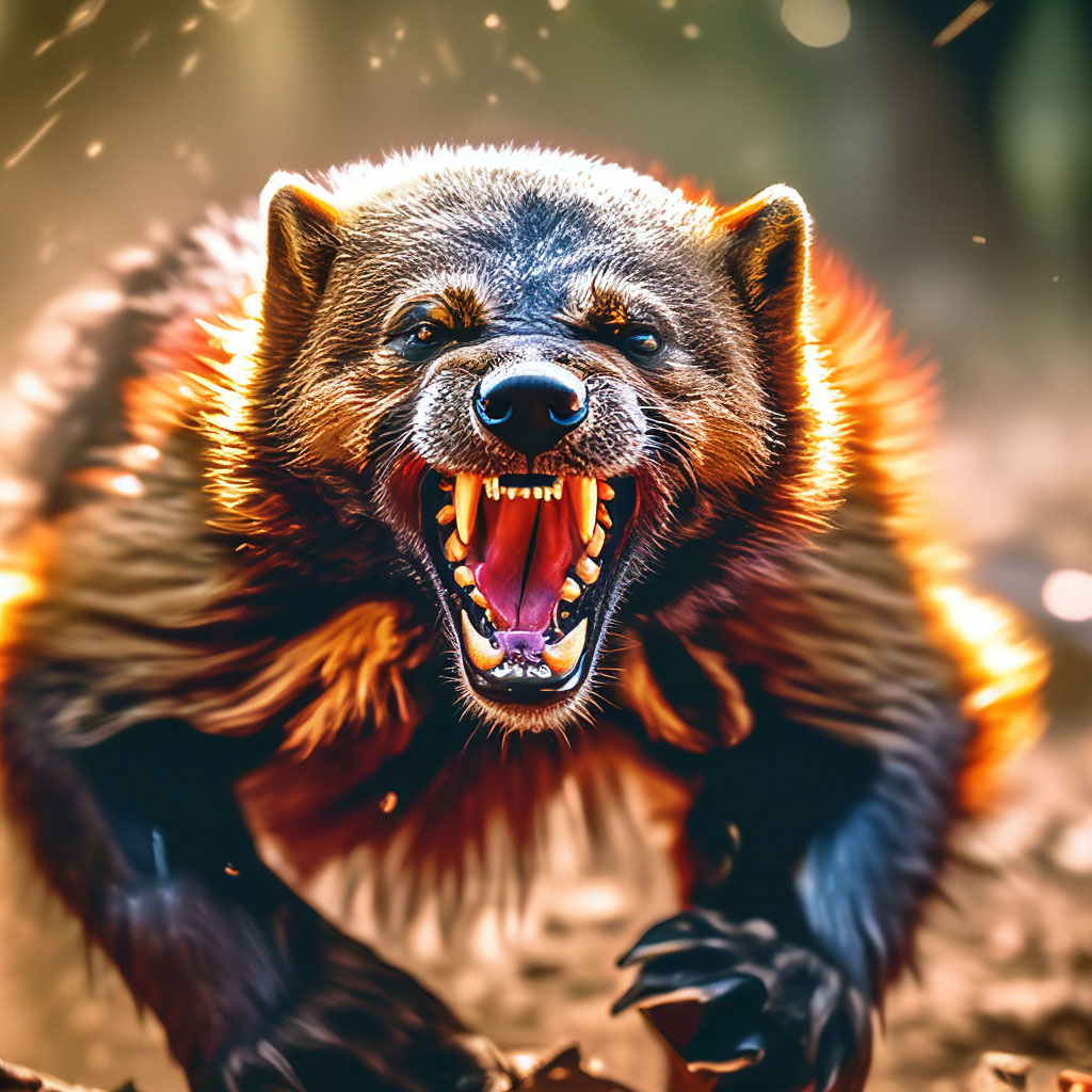"Wild wolverine, on his back, growling, claws, paws up, full-face view ...