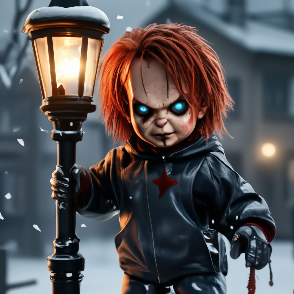 "Chucky doll climbs a lamppost, in winter , icicles,snow, horror ...
