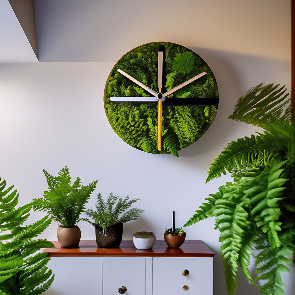 "The clock is hanging on a white wall, under the clock there is a pot ...