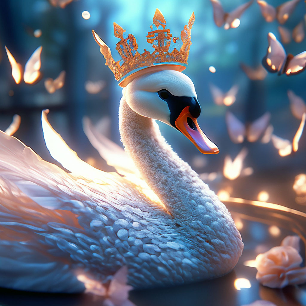 "Cute swan with iridescent mystical shades of feathers, a small crown ...