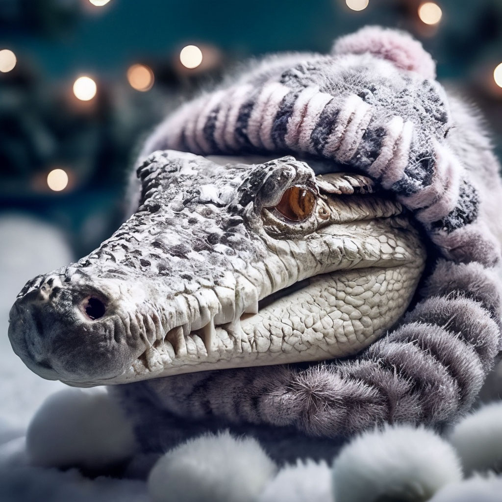 "Small fluffy crocodile close-up, sweater, hat with pompom, fur coat ...