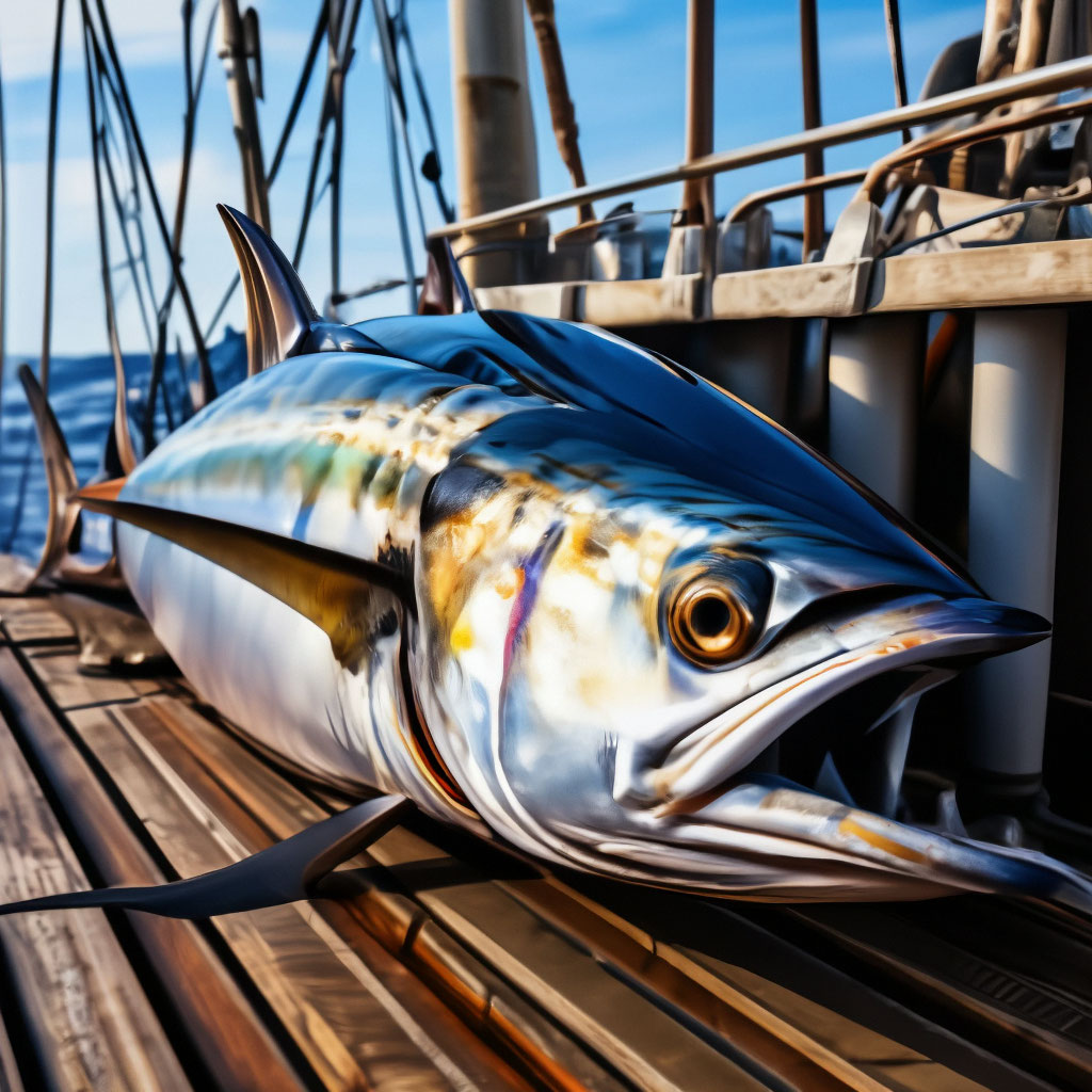 "Huge tuna on the deck of the ship, 100%promt, hyperrealistic, good ...