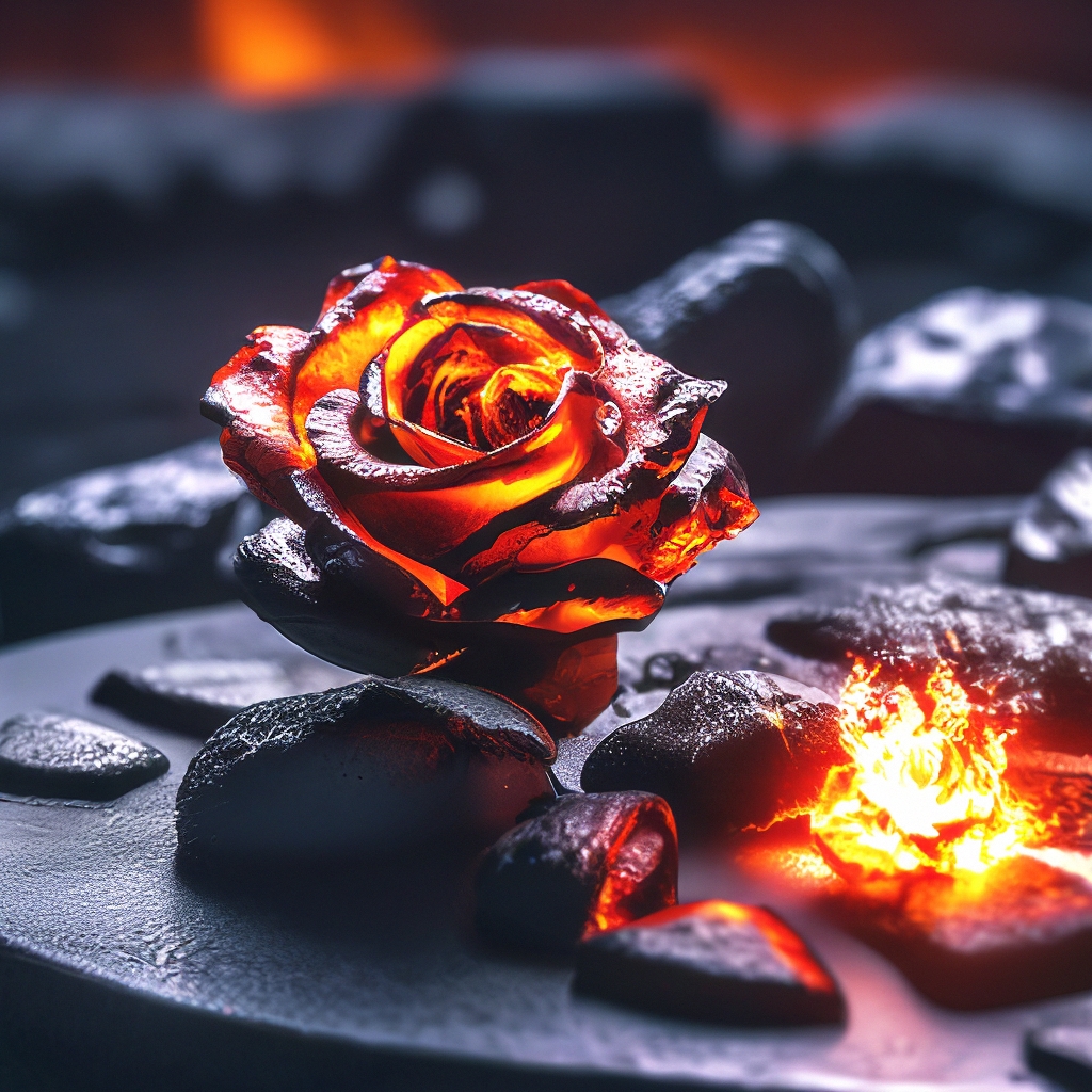 "Smoldering lava and magma roses on black marble against a background ...