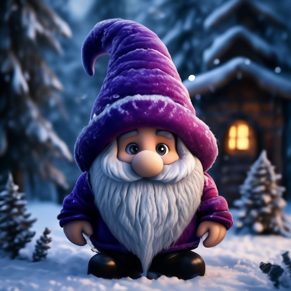 "A kind dwarf, a little man in a purple hat, a winter forest, fluffy ...