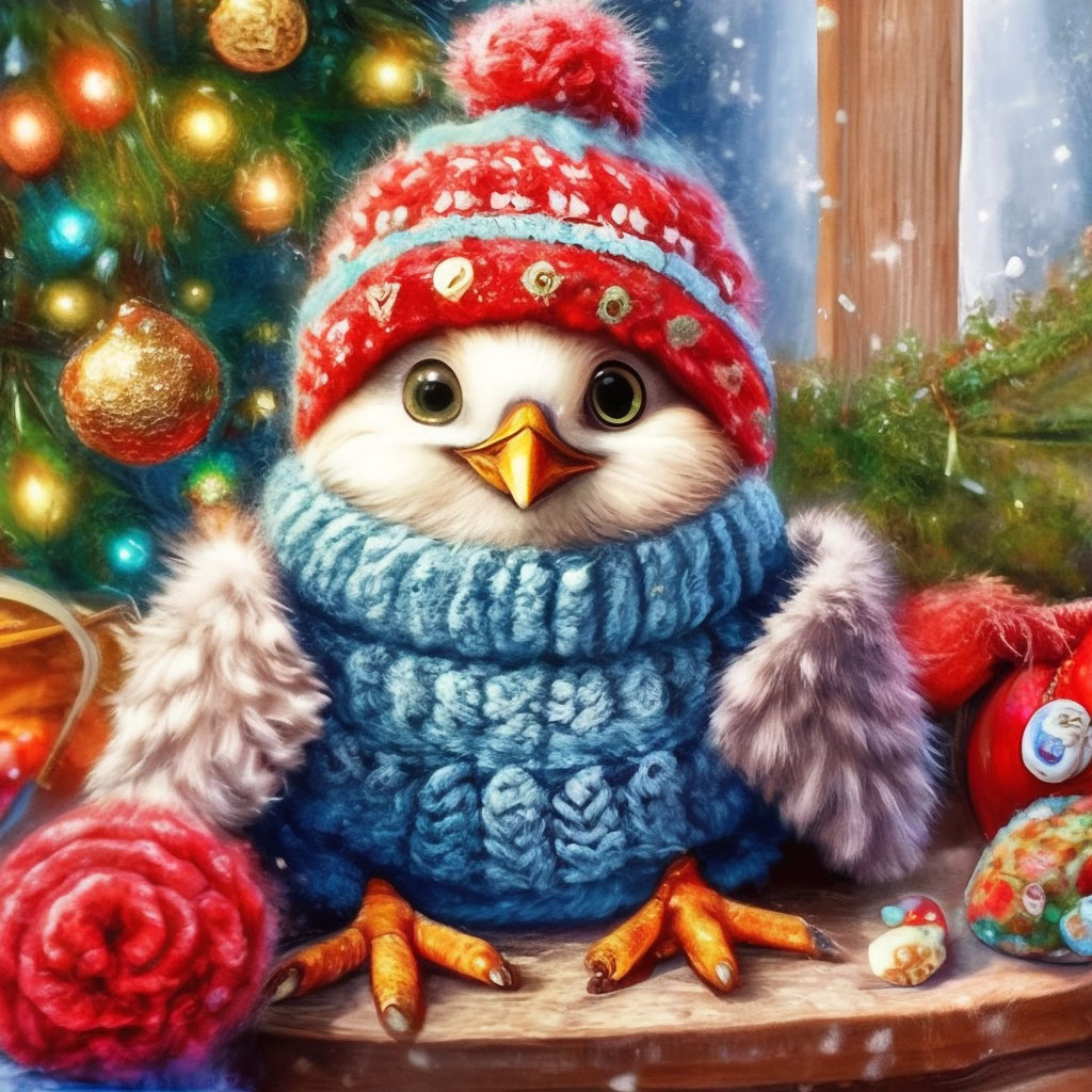 "Fabulously, the bird is smiling,in a knitted sweater,paws in gloves ...