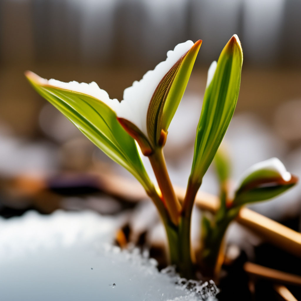 "Early spring, the first leaf timidly popped out of the bud, snow ...