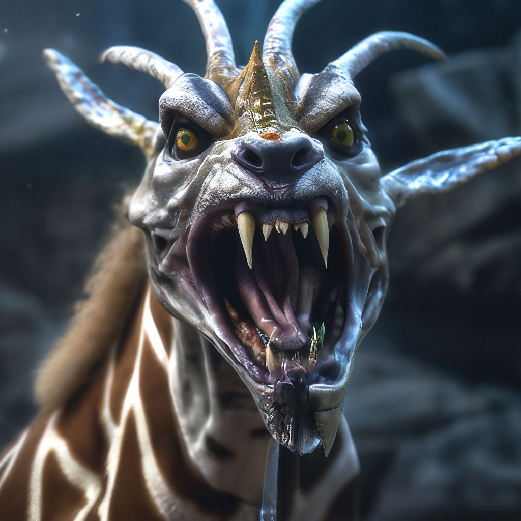 "Giraffe, symbiosis, horror, tin, fear, abomination, long fangs ...