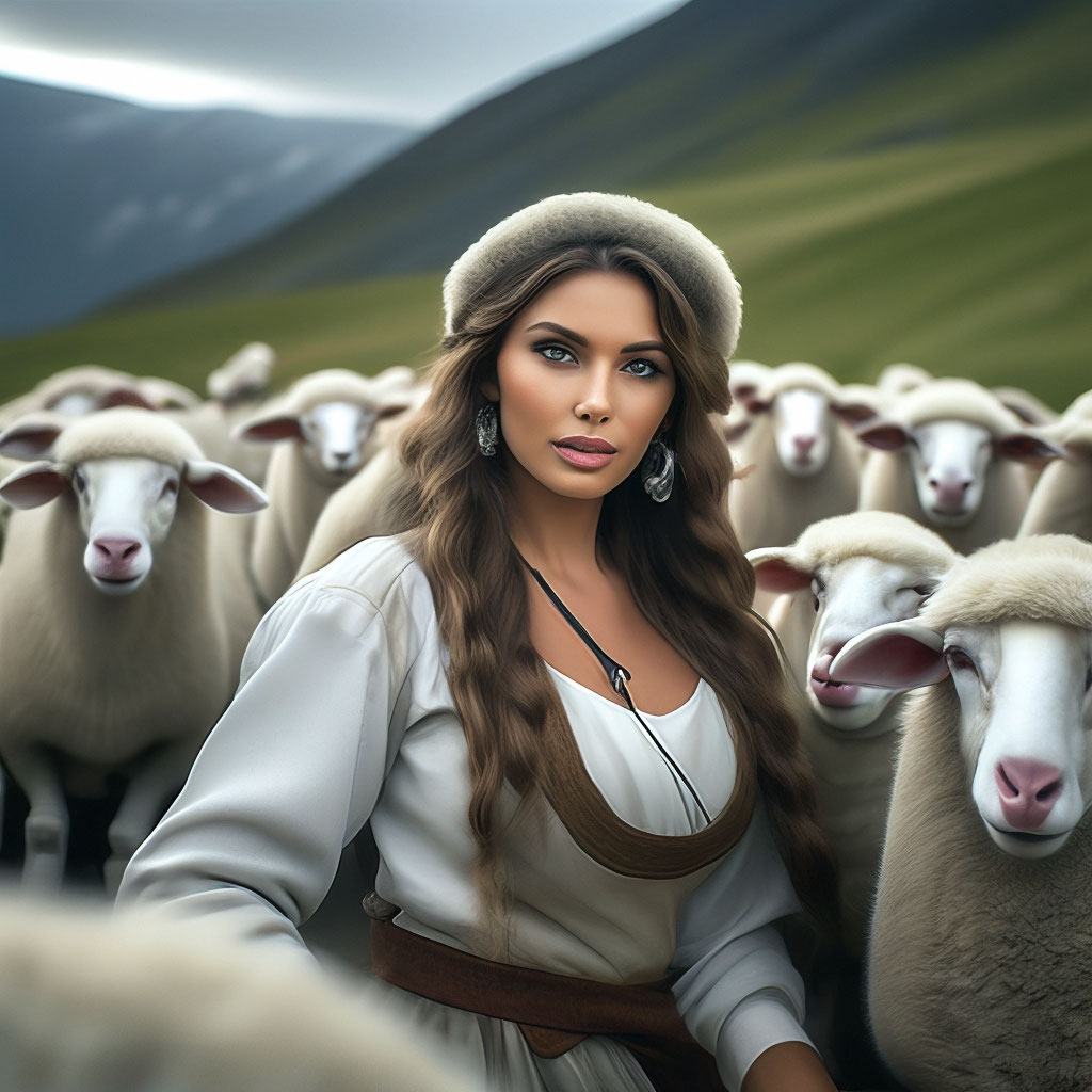 "Mountains, pastures, flock of sheep, shepherd woman, model, makeup ...