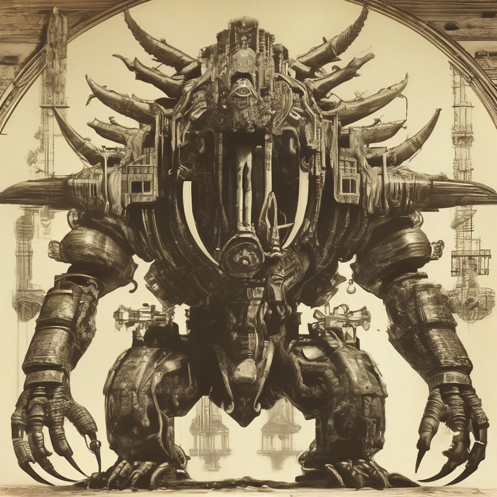 "Ancient mechanical monster fantasy maximum detail" — image created in ...