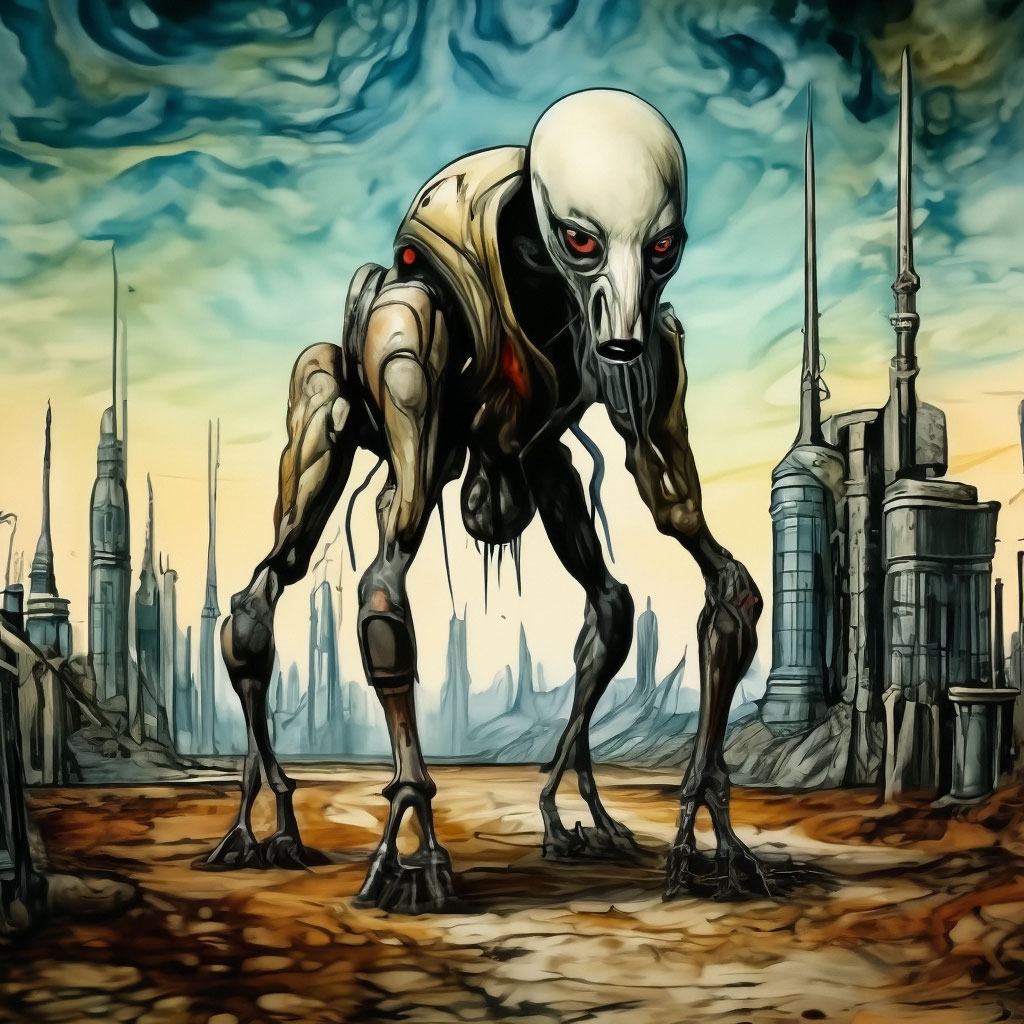 "A four-legged humanoid sur,grotesque,detailed drawing, sci-fi ...
