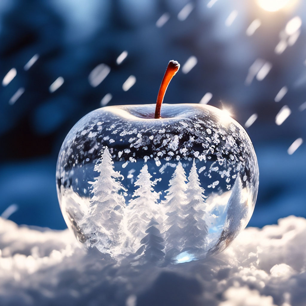 "Winter, epic crystal apple with bright large snowflakes inside ...