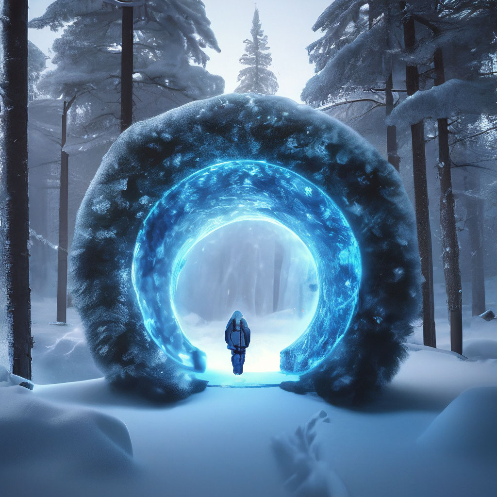 "A small ice portal in the air in a forest of pine trees, blue bright ...