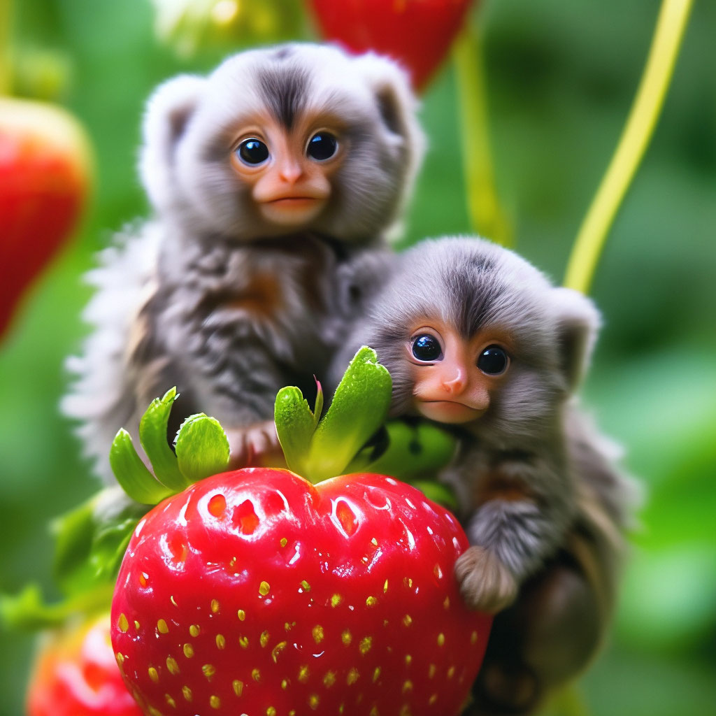 "Little fluffy marmoset monkeys hang on an overgrown strawberry ...