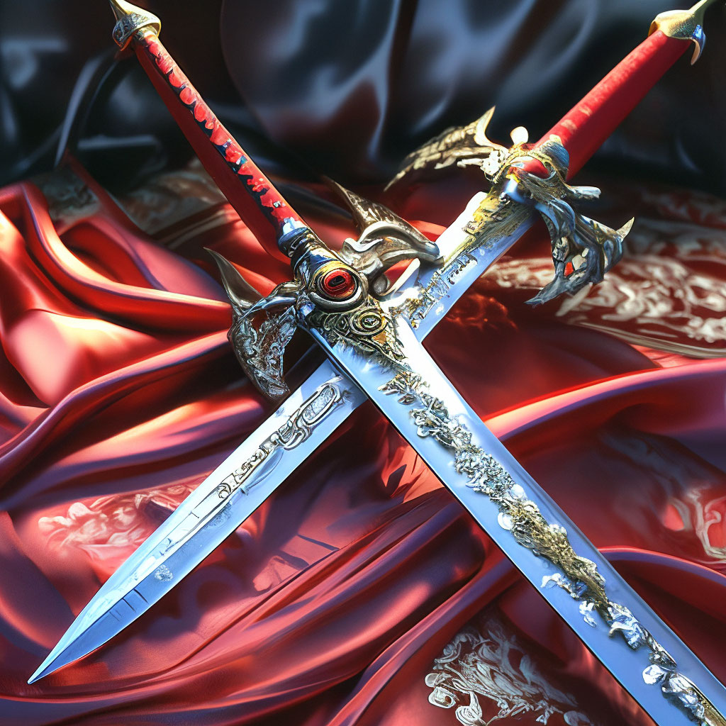 "Long two-handed fantasy sword, black magic hilt, shining, lying on ...
