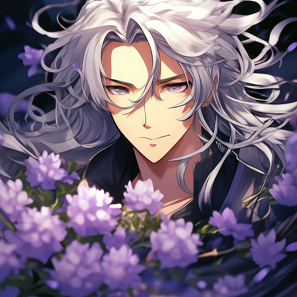 "A handsome man's face, lilac flowers in his hair, silver hair, long ...