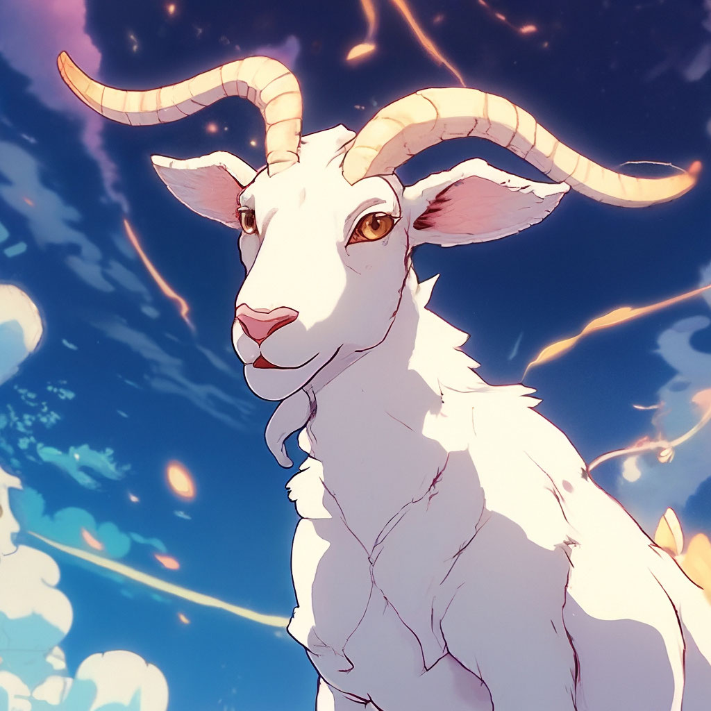 "A white goat, in the anime style" — image created in Shedevrum
