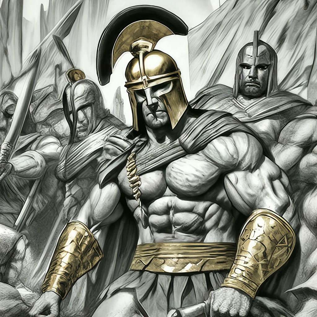 "Warrior ancient Greece Spartan bodybuilder battle, comic black and ...