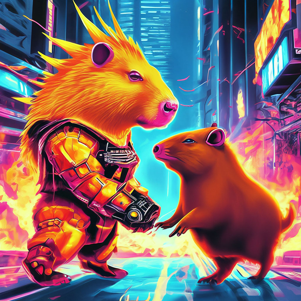 "Fiery capybara vs hydra" — image created in Shedevrum