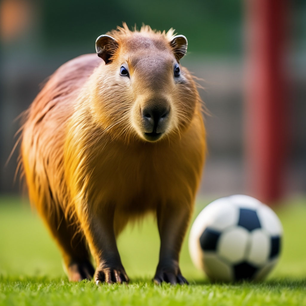 "Capybara playing football , aesthetically pleasing, professional photo ...