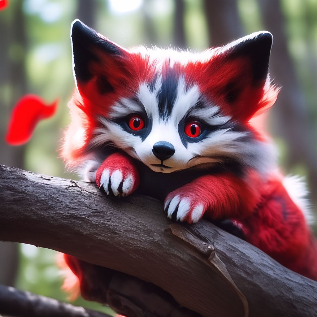 "An unusual beautiful forest, lying on a branch, a cute wendigo fox cub ...