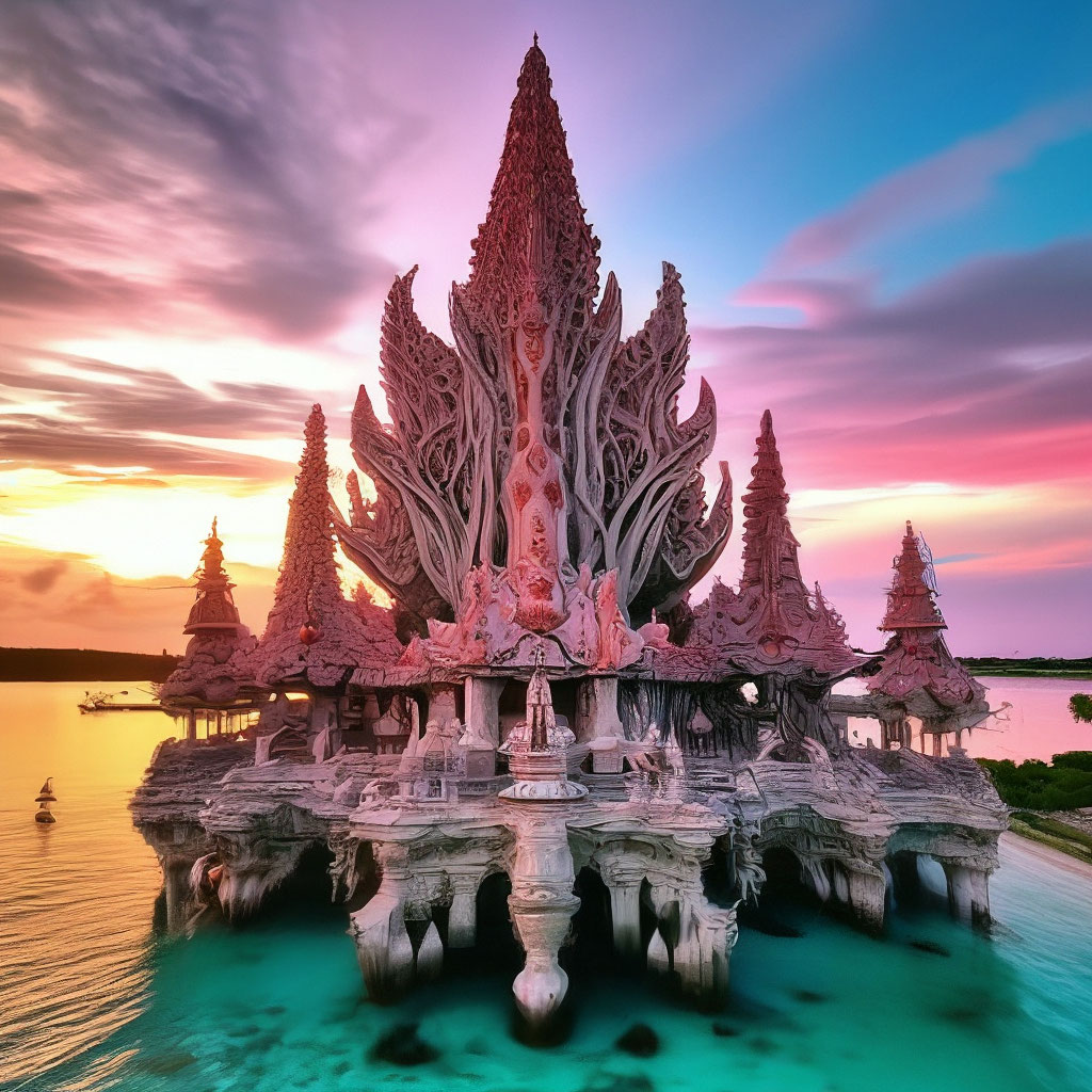 "A tall, asymmetrical, grotesque palace made of massive corals in the ...
