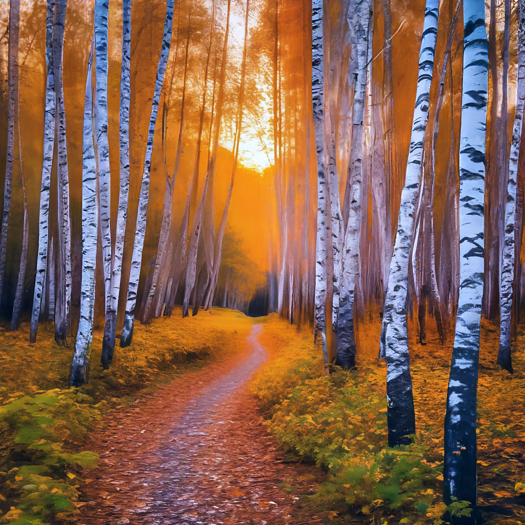"Trees in a birch grove, overgrown forest path, twilight evening, warm ...