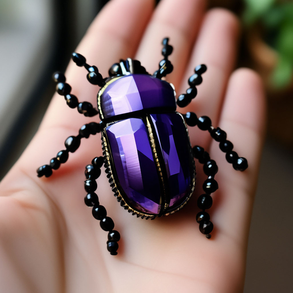 "Scarab beads, a beautiful black and lilac scarab beetle, made of beads ...