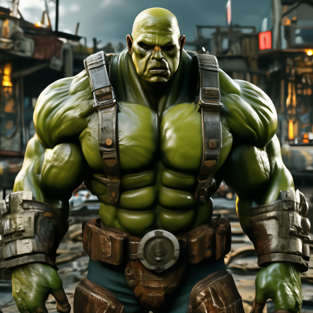 "Super mutant green bodybuilder fallout" — image created in Shedevrum