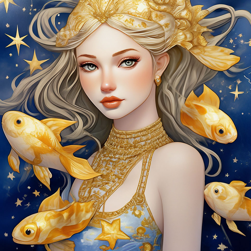 "Dazzlingly beautiful goldfish girl, jewelry, art book drawing, scales ...
