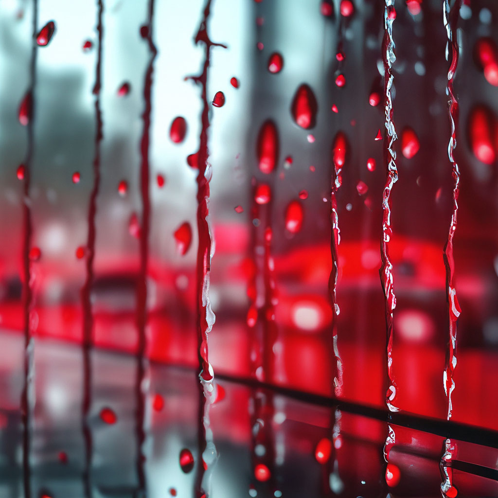 "Red monochrome large raindrops on the glass background. Heavy red rain ...