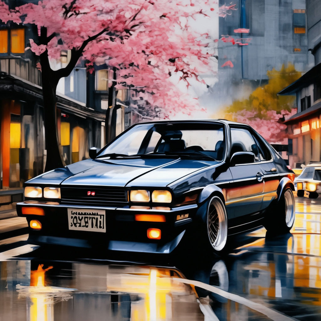 "Jdm machine under sakura, , bright lighting,calligraphic drawing,gohua ...