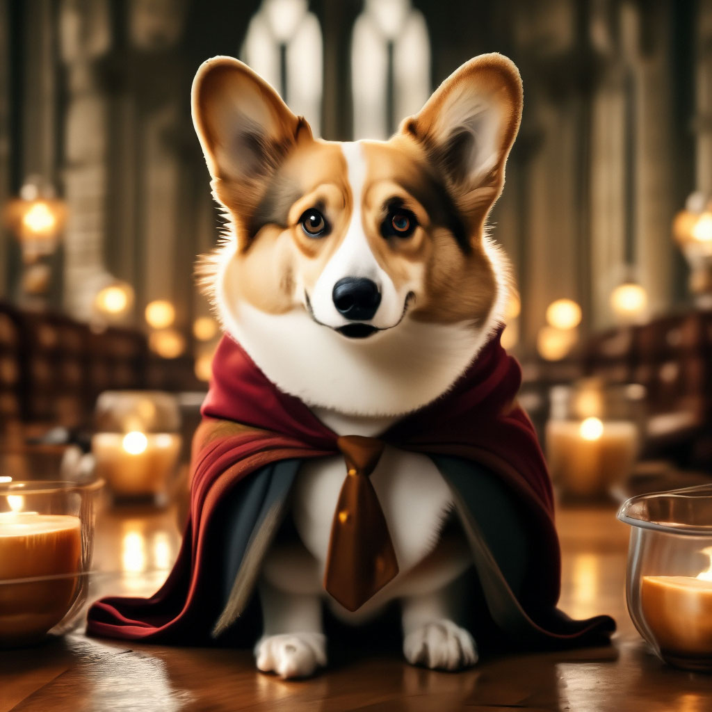 "Corgi and the magic of Hogwarts" — image created in Shedevrum