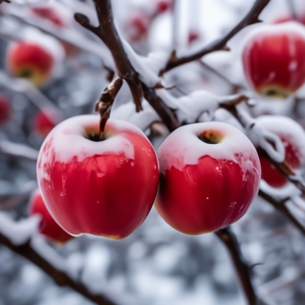 "Apples in the snow filigree pink dawn, a tangle of the thinnest ice ...
