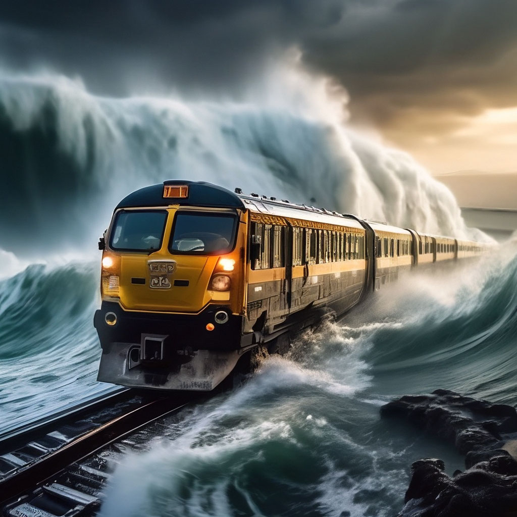 "The train got caught in a storm and a huge wave covers it" — image ...