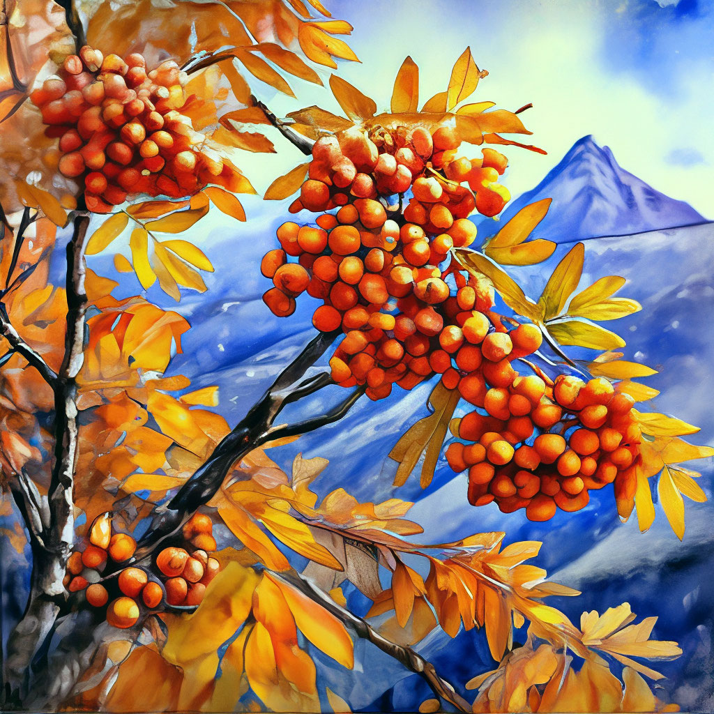 "Autumn bunches of mountain ash watercolor drawing with fine strokes on ...