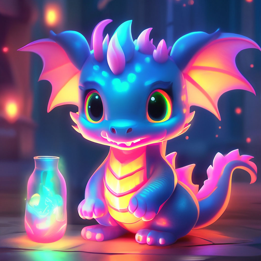 "The dragon is cute, glowing with a neon glow" — image created in Shedevrum