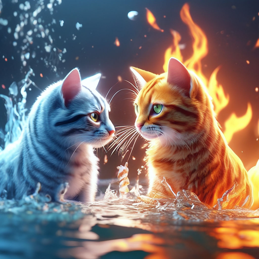"Two cats, fire and water, drawing, fire cat and water cat, beautiful ...