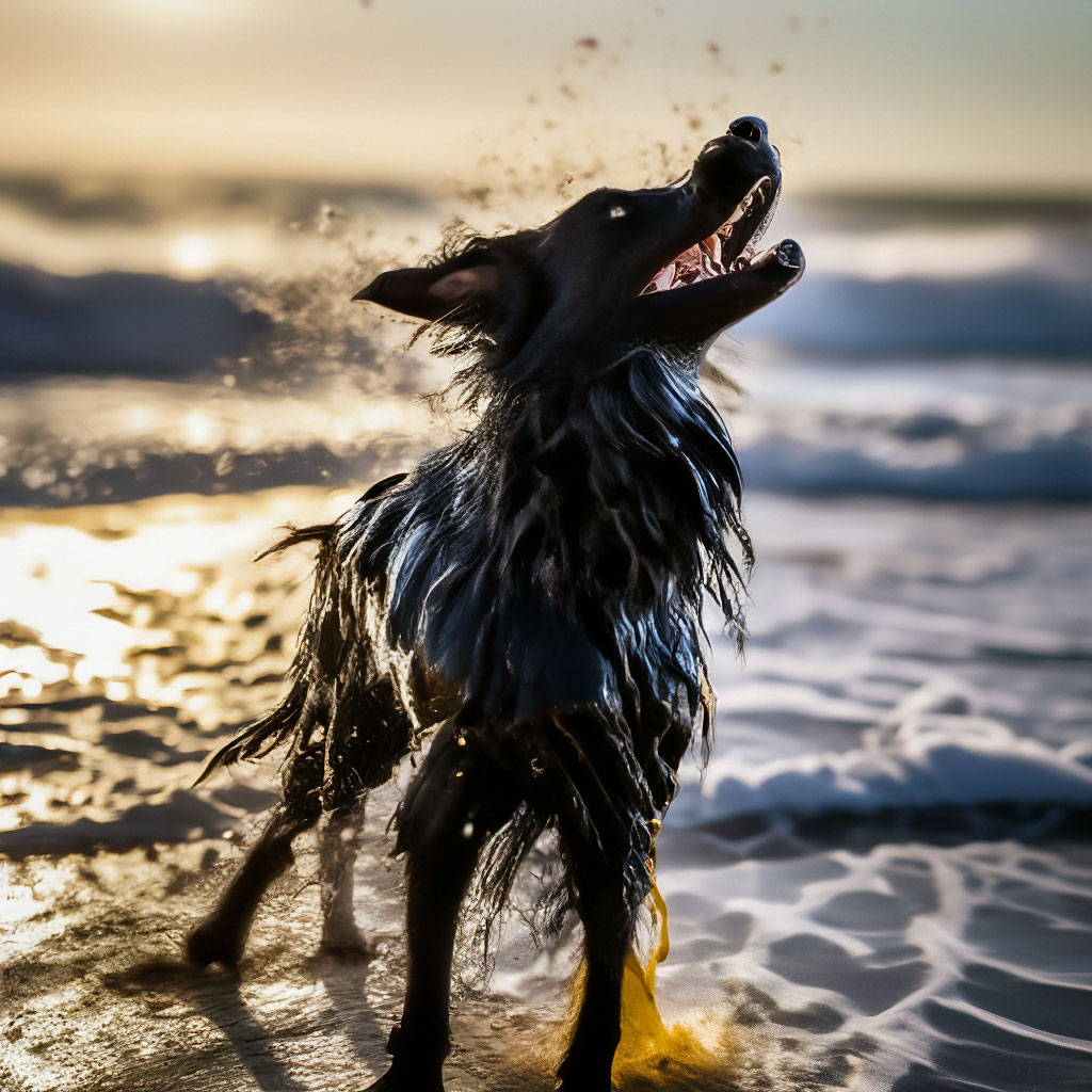 "A dog, an avcharka made of oil, shakes off, black splashes to the ...