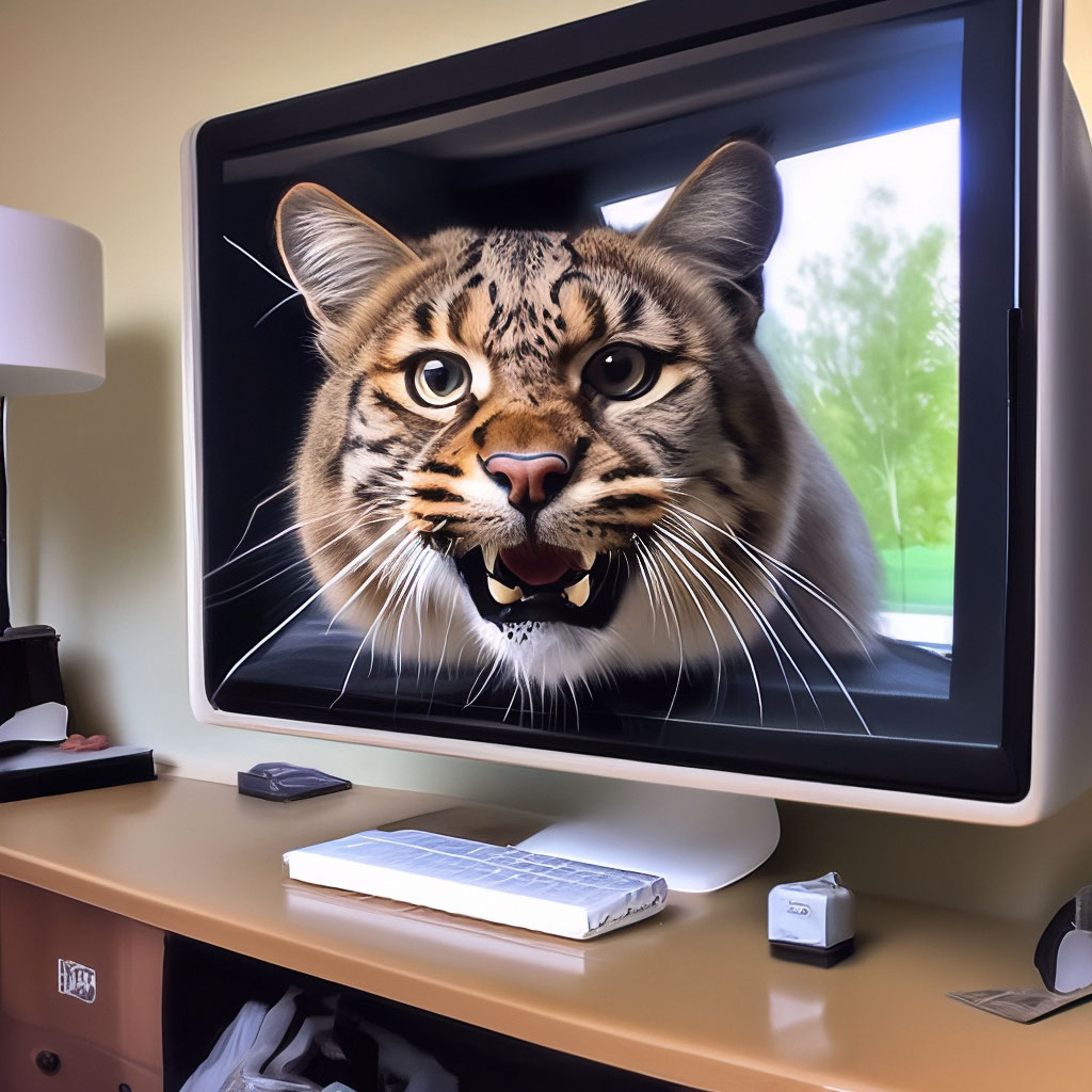 "A big cat jumps out of the monitor" — image created in Shedevrum