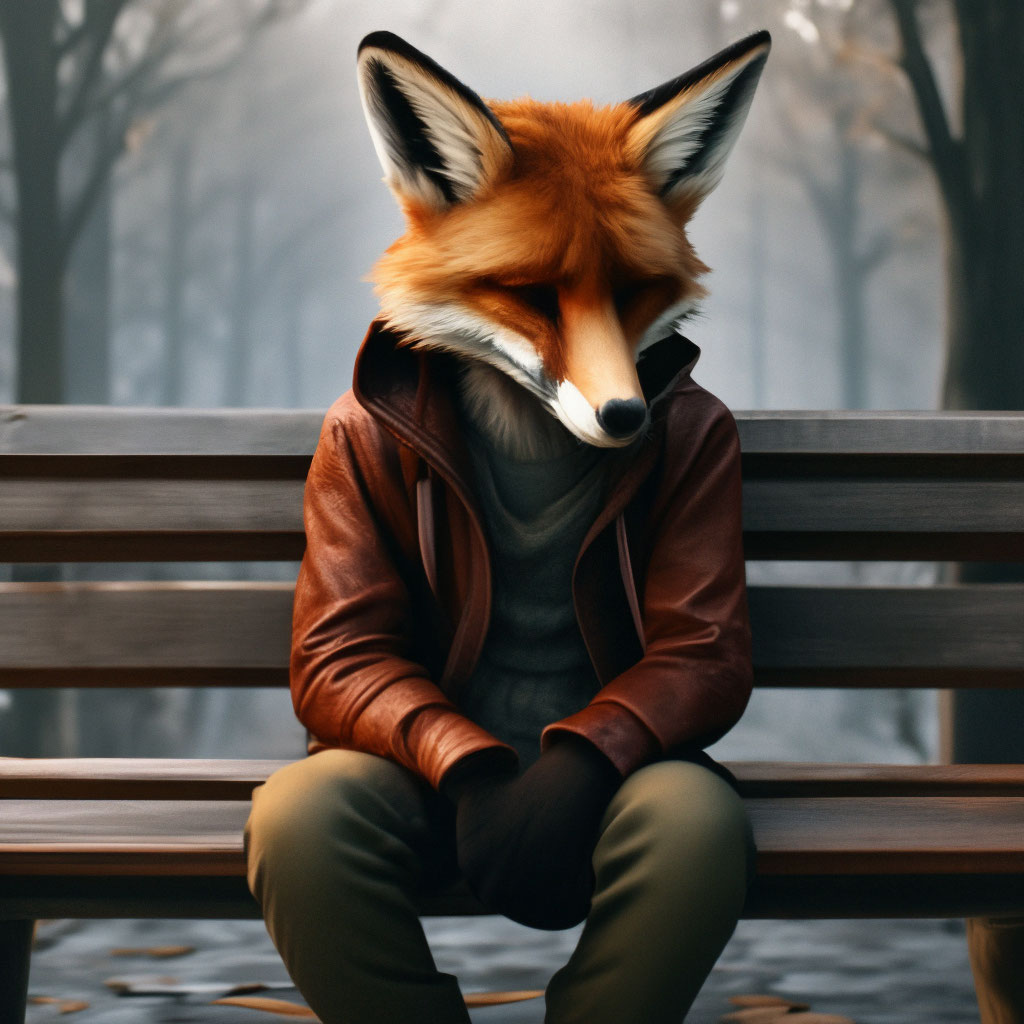 "Battered by life and tired, sad anthropomorphic fox is sitting on a ...