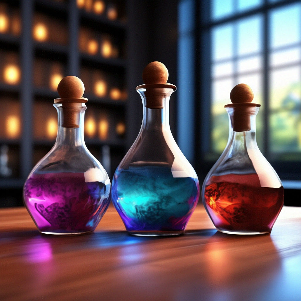 "Potion flasks, red, potion making, magic, glitter, magic, foam, high ...